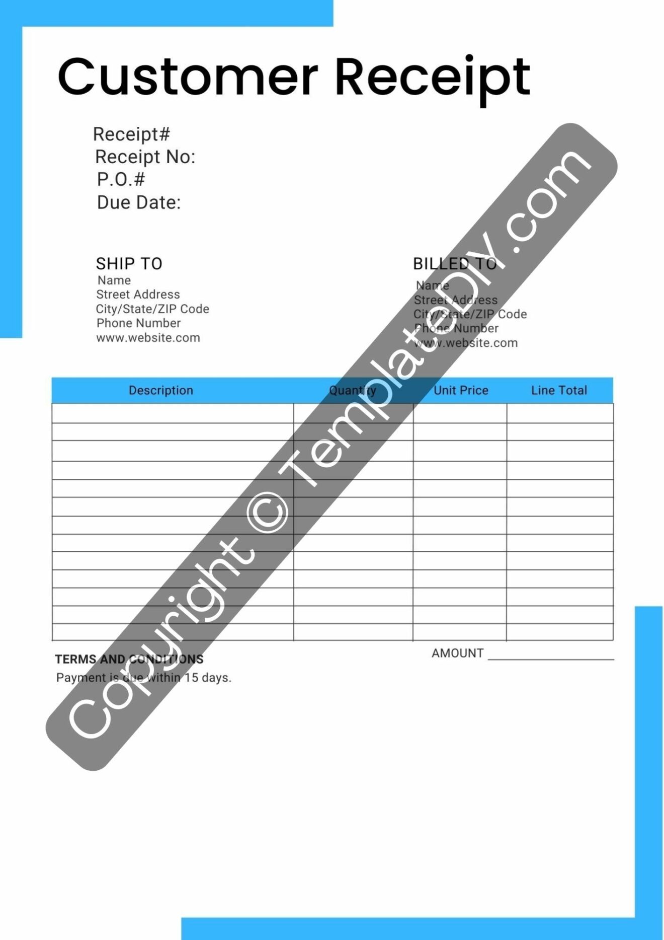 Customer Receipt Template Blank Printable PDF, Excel, Word