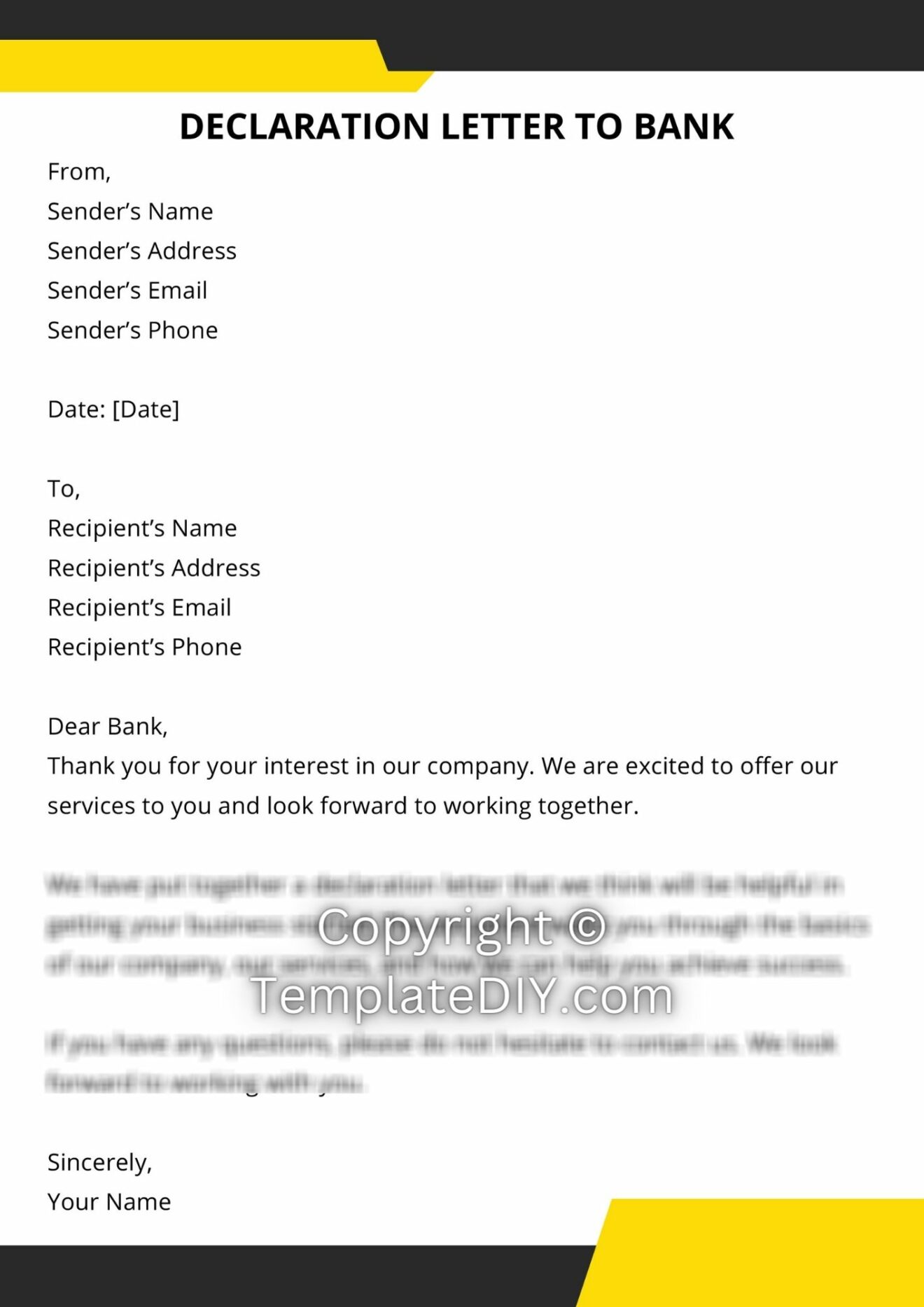 Declaration Letter to Bank Template | PDF & Word Download