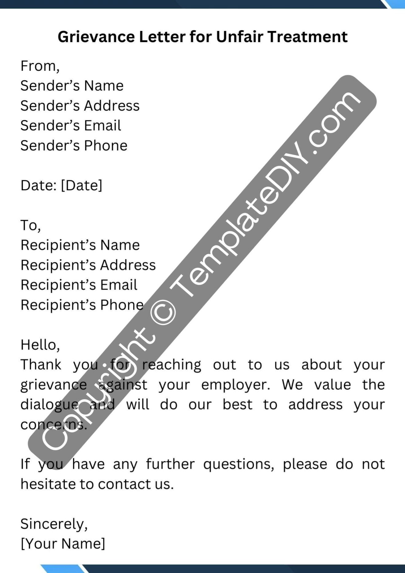 Grievance Letter for Unfair Treatment Sample with Examples