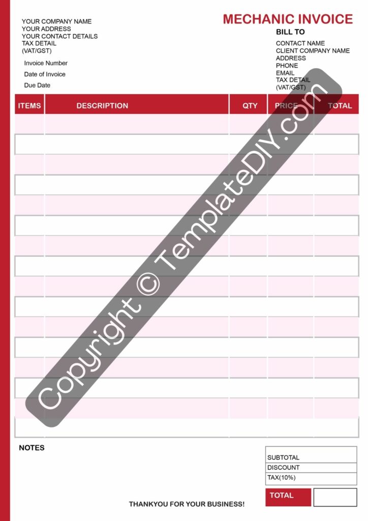 Mechanic Invoice Template Printable in PDF, Word, Excel