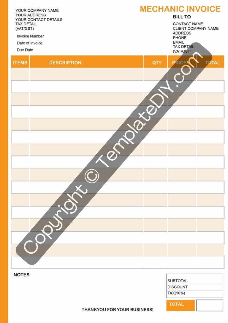 Mechanic Invoice Template Printable in PDF, Word, Excel