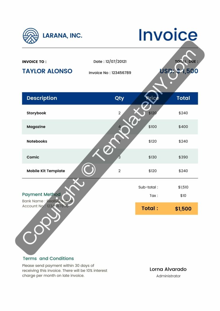Monthly Invoice Template Printable PDF, Word, Excel