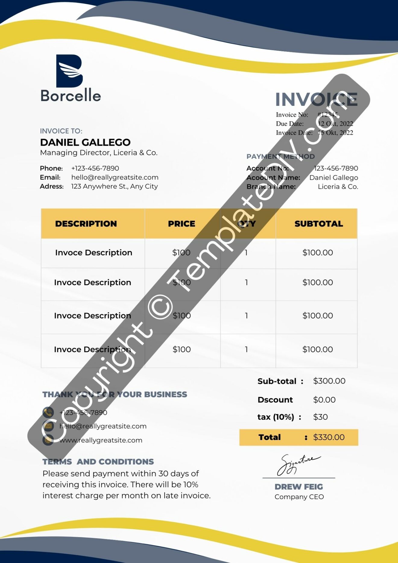 Monthly Invoice Template Printable PDF, Word, Excel