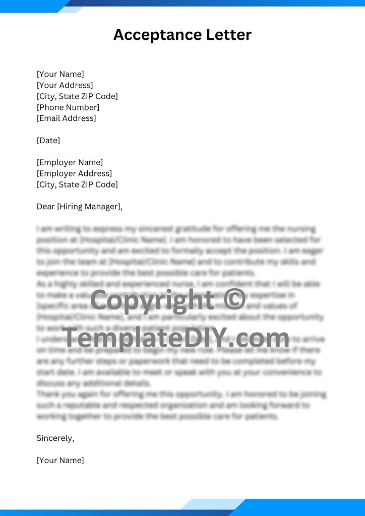 Nursing Job Acceptance Letter Template | Printable PDF & Word