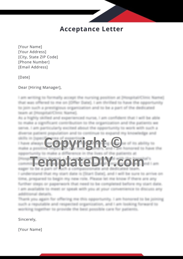 Nursing Job Acceptance Letter Template | Printable PDF & Word