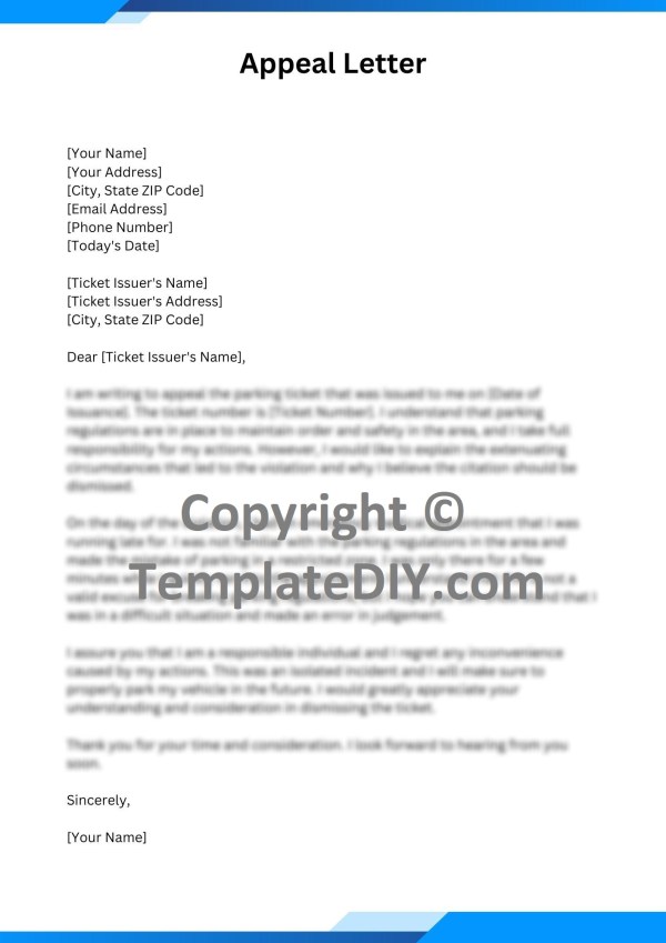 Parking Ticket Appeal Letter Template – Download PDF & Word