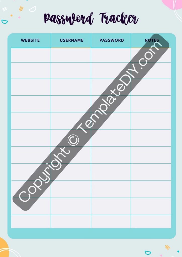 Password Tracker Template Printable in PDF, Word, Excel