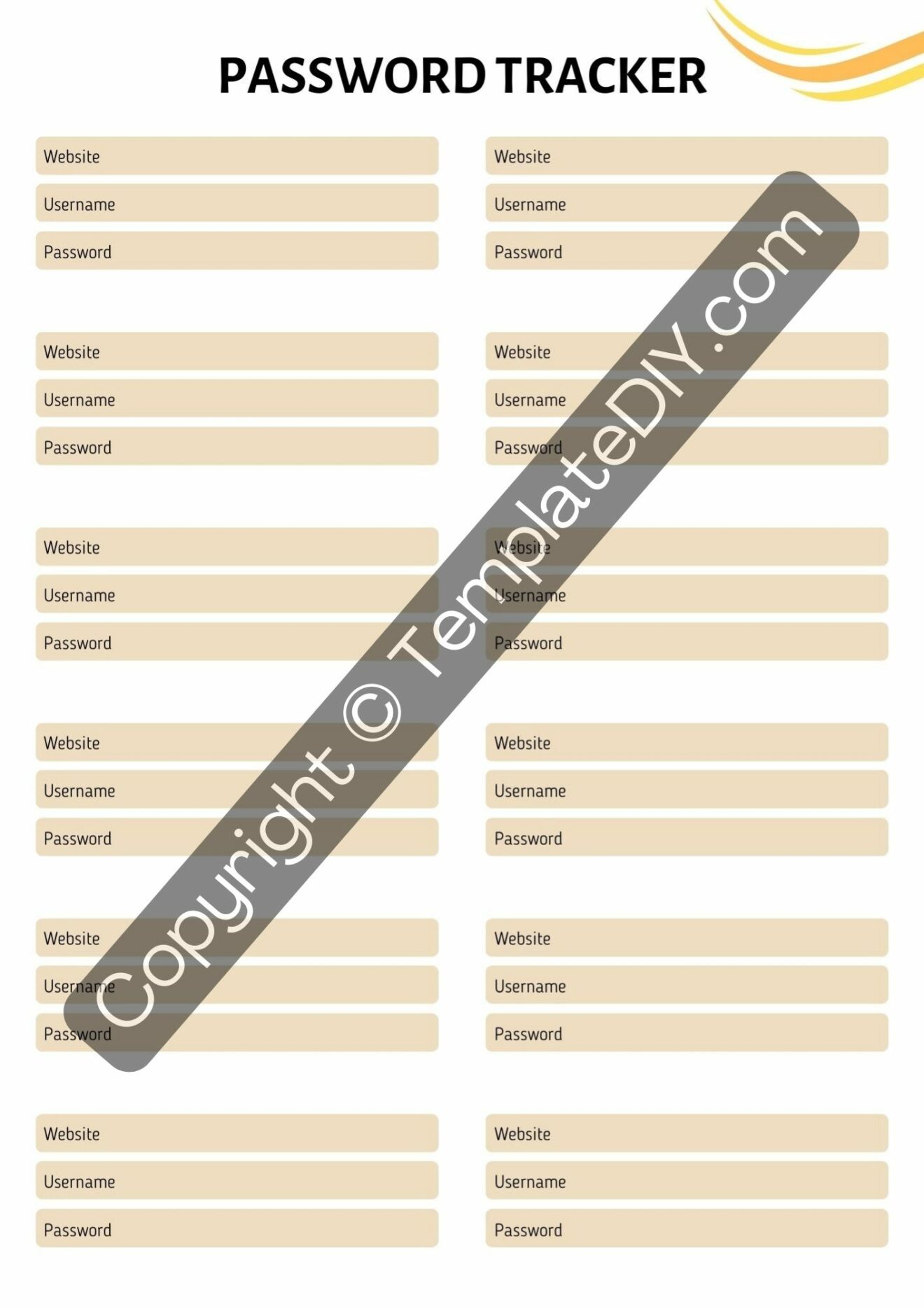 Password Tracker Template Printable in PDF, Word, Excel