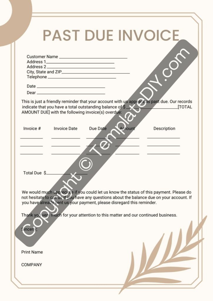 Past Due Invoice Printable Template PDF, Word, Excel