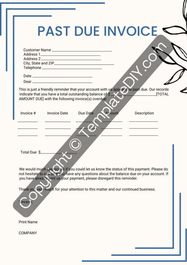 Past Due Invoice Printable Template PDF, Word, Excel