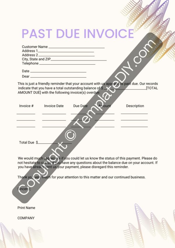 Past Due Invoice Printable Template PDF, Word, Excel