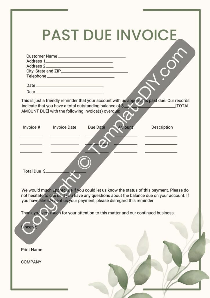 Past Due Invoice Printable Template PDF, Word, Excel