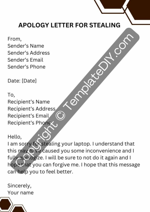 Apology Letter for Stealing Sample Template in Pdf, Word
