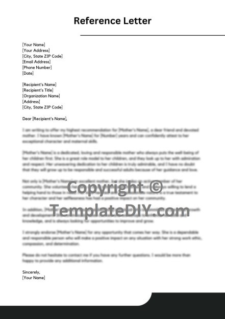 Character Reference Letter for a Mother Sample | Download PDF & Word