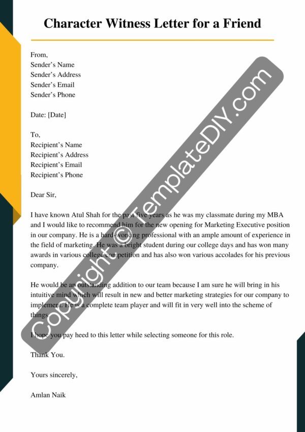 Character Witness Letter for a Friend Sample and Examples