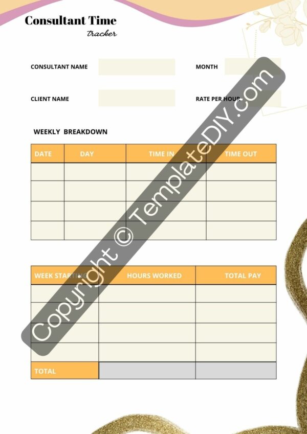 Consultant Time Tracking Template Printable PDF, Word