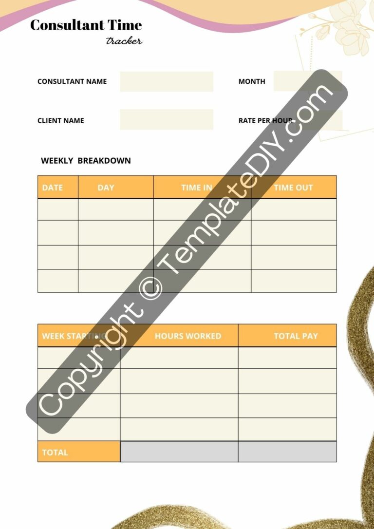 Consultant Time Tracking Template Printable PDF, Word