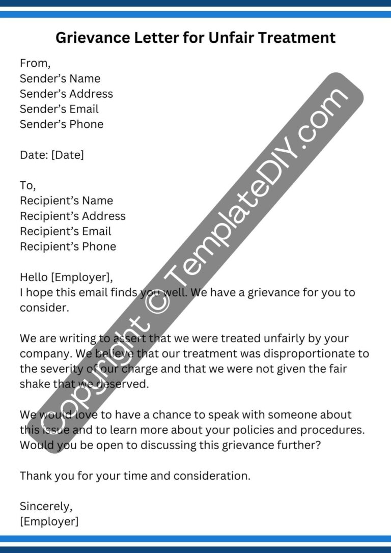 Grievance Letter for Unfair Treatment Sample with Examples