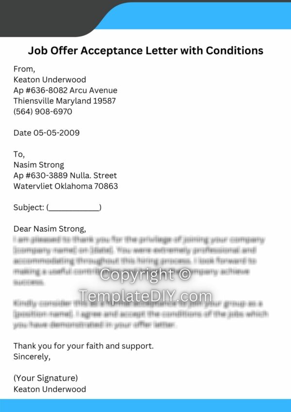 Job Offer Acceptance Letter with Conditions Sample [Word]