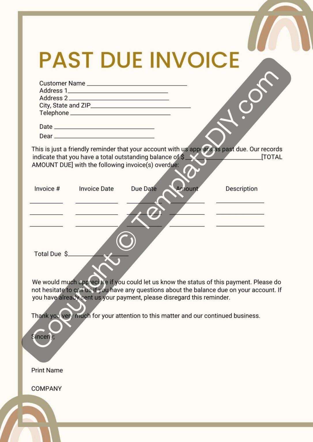 Past Due Invoice Printable Template PDF, Word, Excel