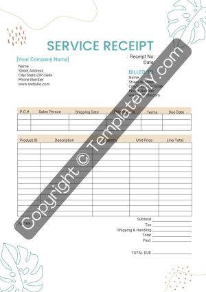 Service Receipt Template Blank Printable PDF, Excel, Word