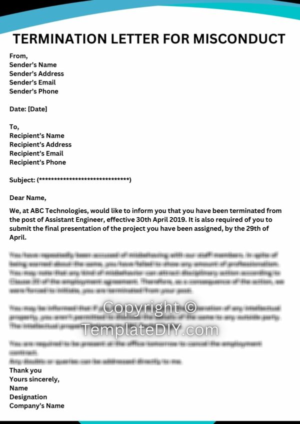 Termination Letter for Misconduct Template (Pack of 10)