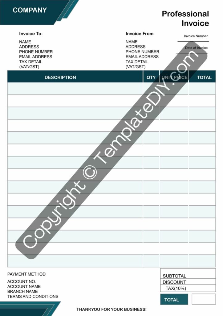 Professional Invoice Template Printable PDF, Word, Excel