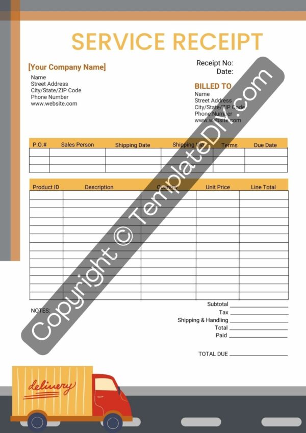 Service Receipt Template Blank Printable PDF, Excel, Word