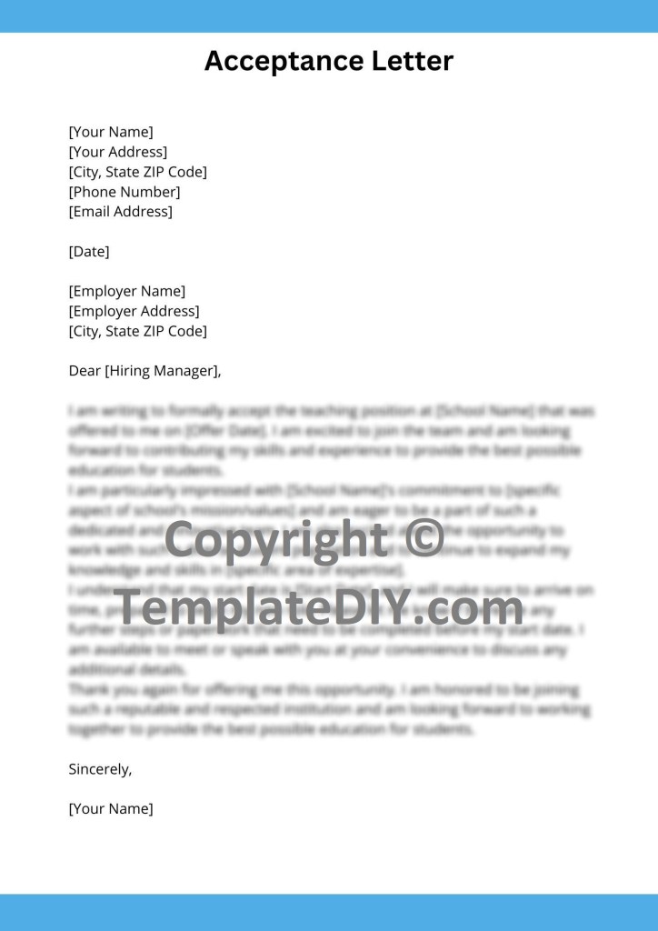 Printable Teaching Job Acceptance Letter Download