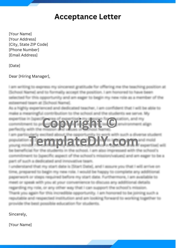 Printable Teaching Job Acceptance Letter Download