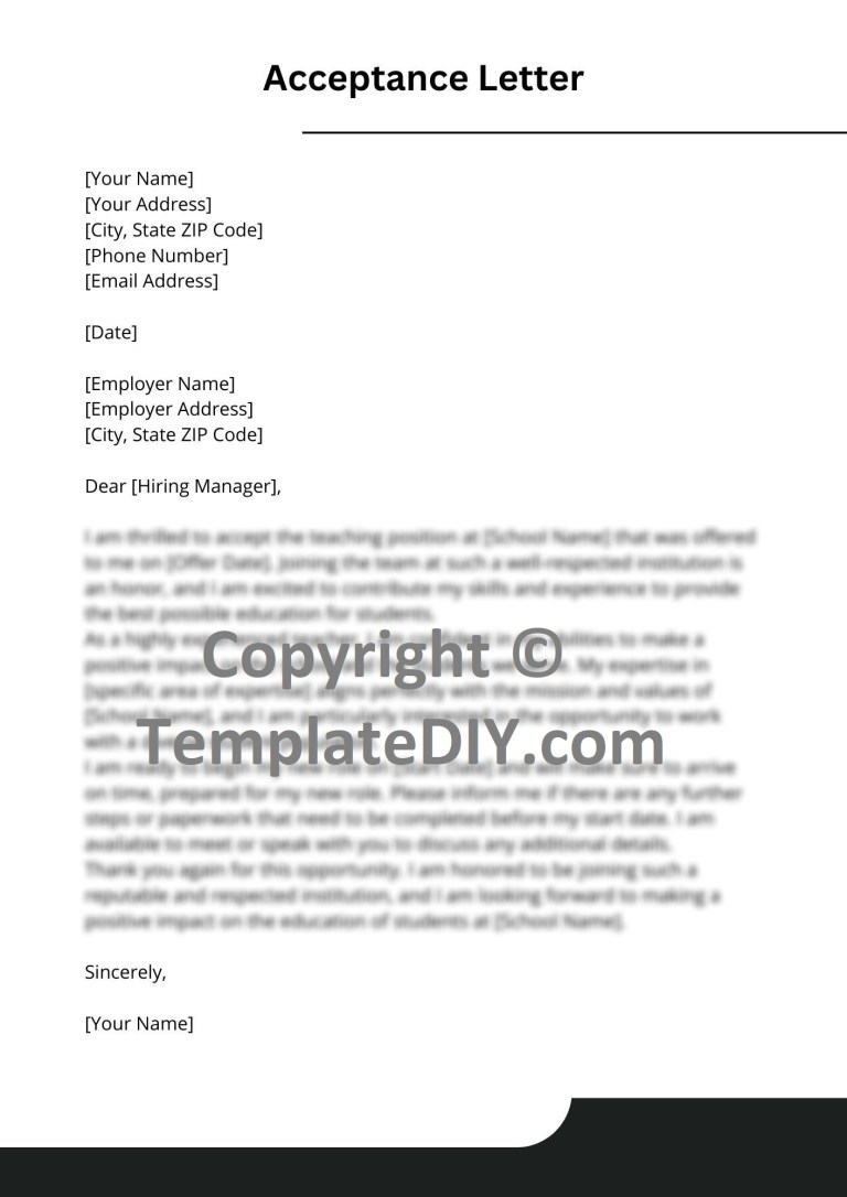 Printable Teaching Job Acceptance Letter Download