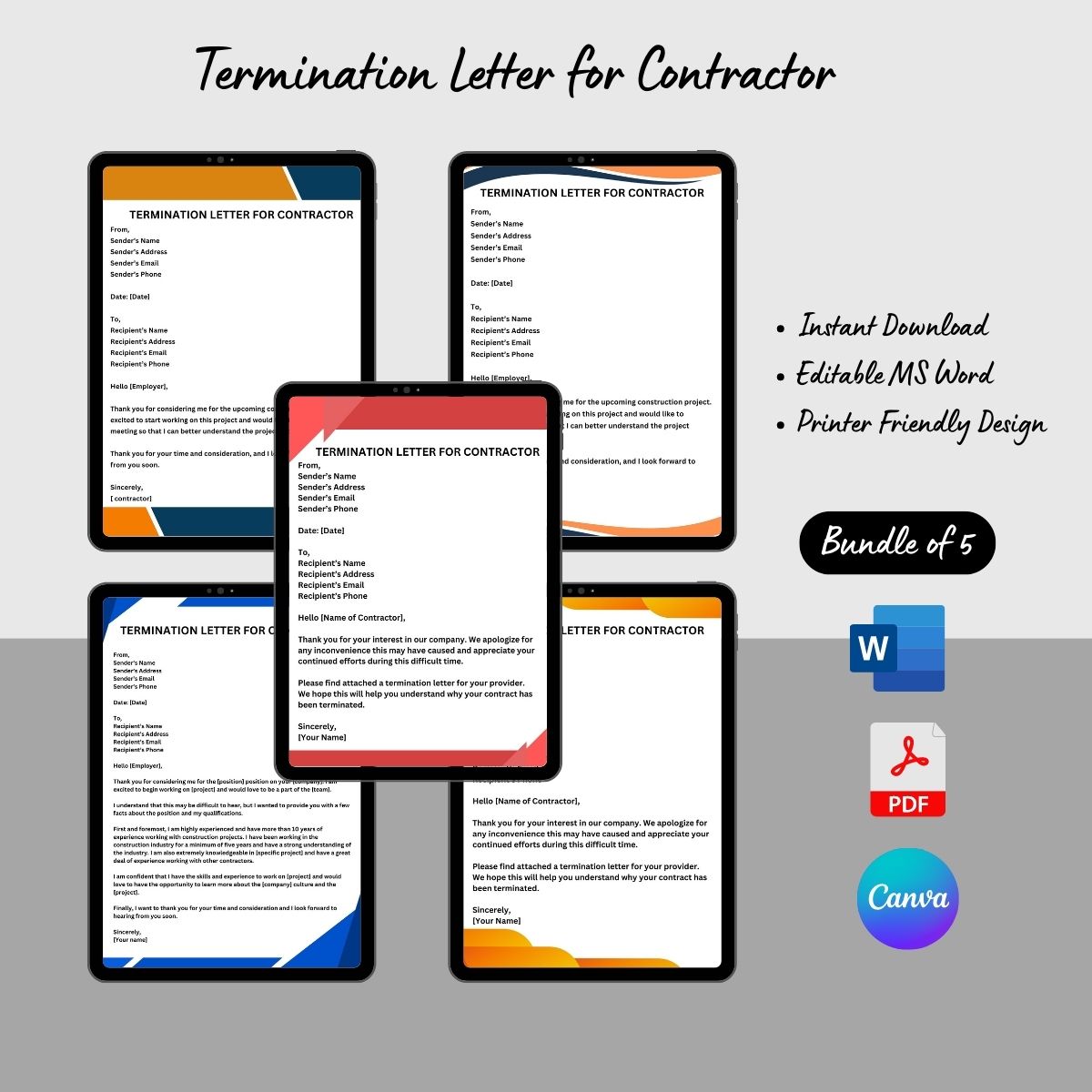 Termination Letter for Contractor Template in PDF, Word
