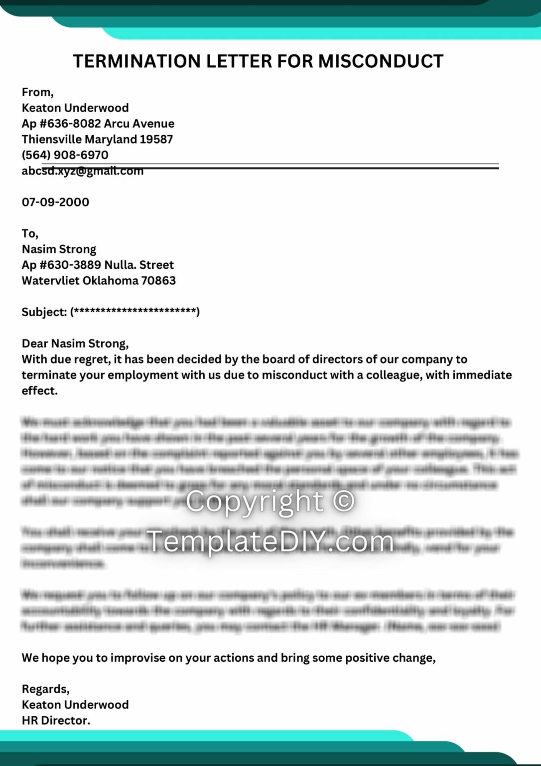 Termination Letter for Misconduct Template (Pack of 10)