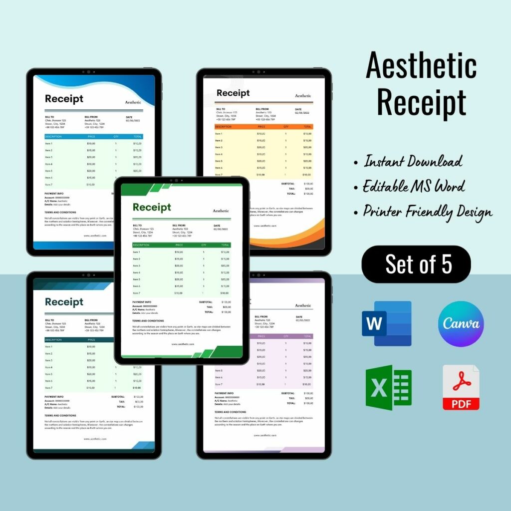 Aesthetic Receipt Template Blank Printable Pdf Excel, Word