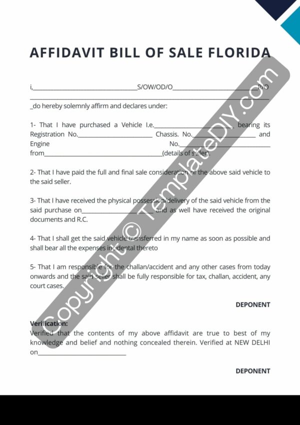 Affidavit Bill of Sale Florida [FL] Form Template PDF, Word