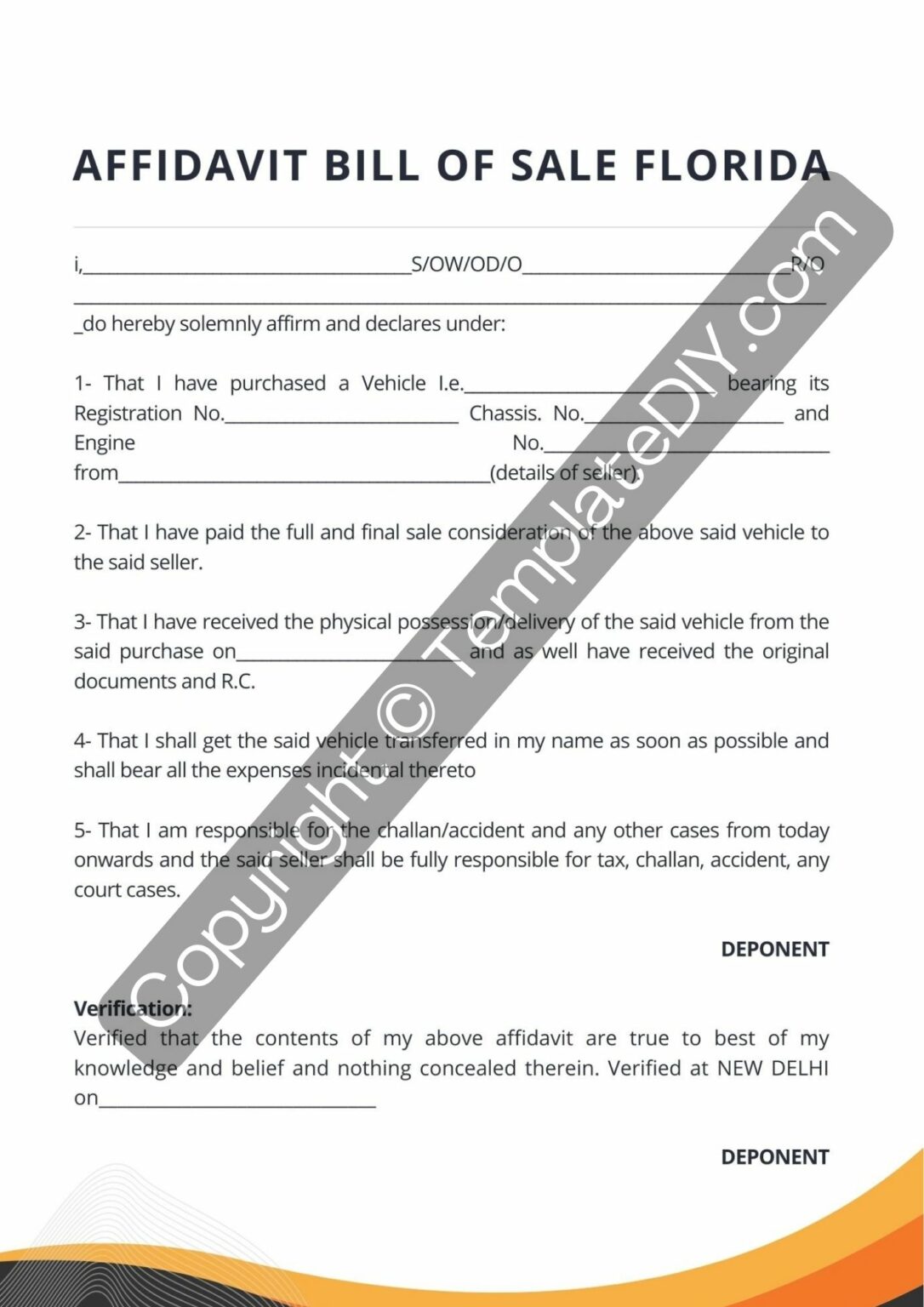 Affidavit Bill of Sale Florida [FL] Form Template PDF, Word
