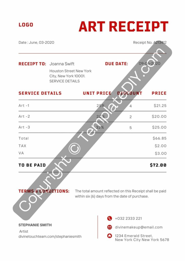Art Receipt Template Blank Printable in Pdf, Excel, Word