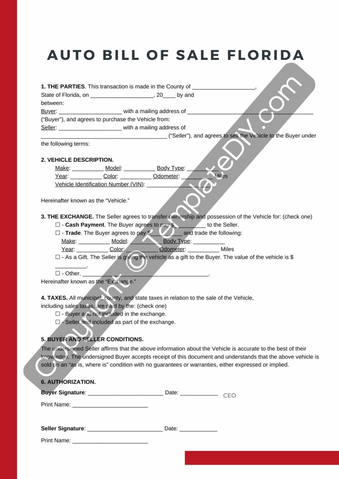 Auto Bill of Sale Florida [FL] Form Template PDF, Word