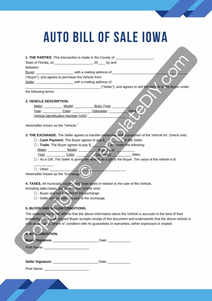 Auto Bill of Sale Iowa Form Template Printable PDF, Word