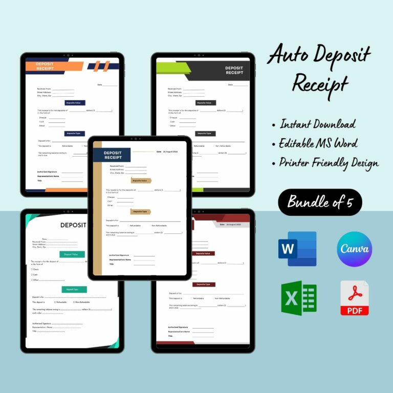 Auto Deposit Receipt Template Printable PDF, Excel, Word
