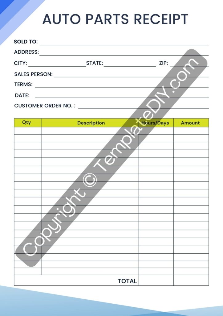 Auto Parts Receipt Template Printable PDF, Excel, Word