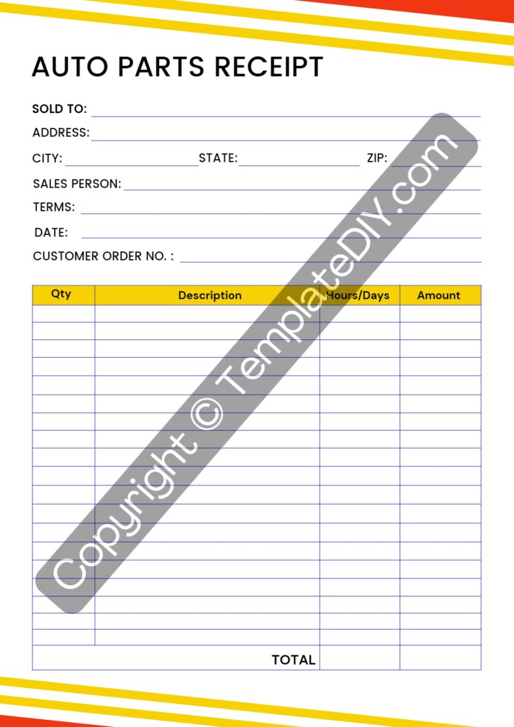 Auto Parts Receipt Template Printable PDF, Excel, Word