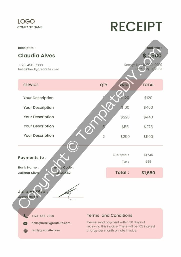 Auto Shop Receipt Template Blank Printable PDF, Excel, Word