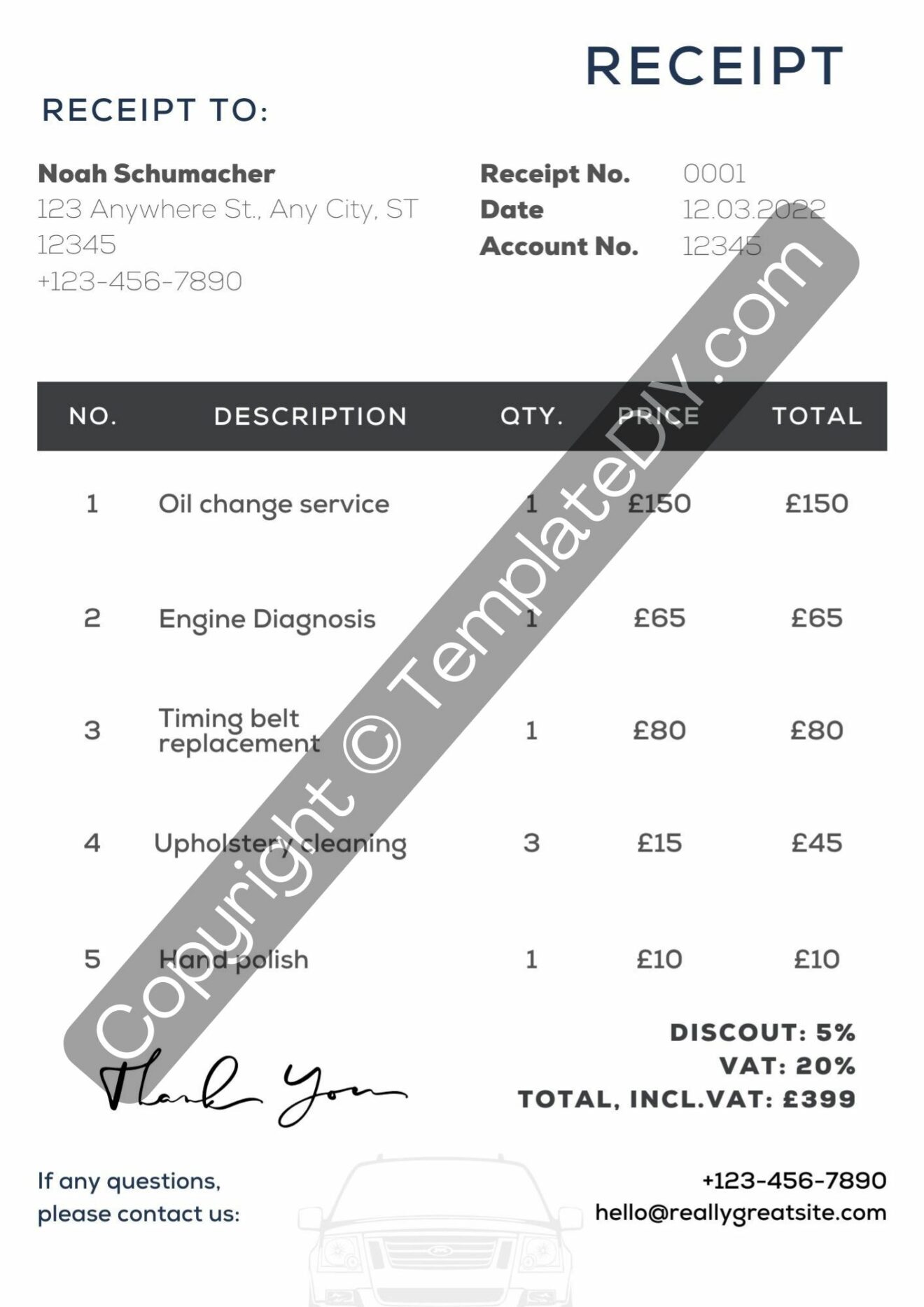 Auto Shop Receipt Template Blank Printable PDF, Excel, Word