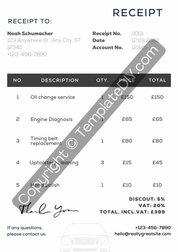 Auto Shop Receipt Template Blank Printable PDF, Excel, Word
