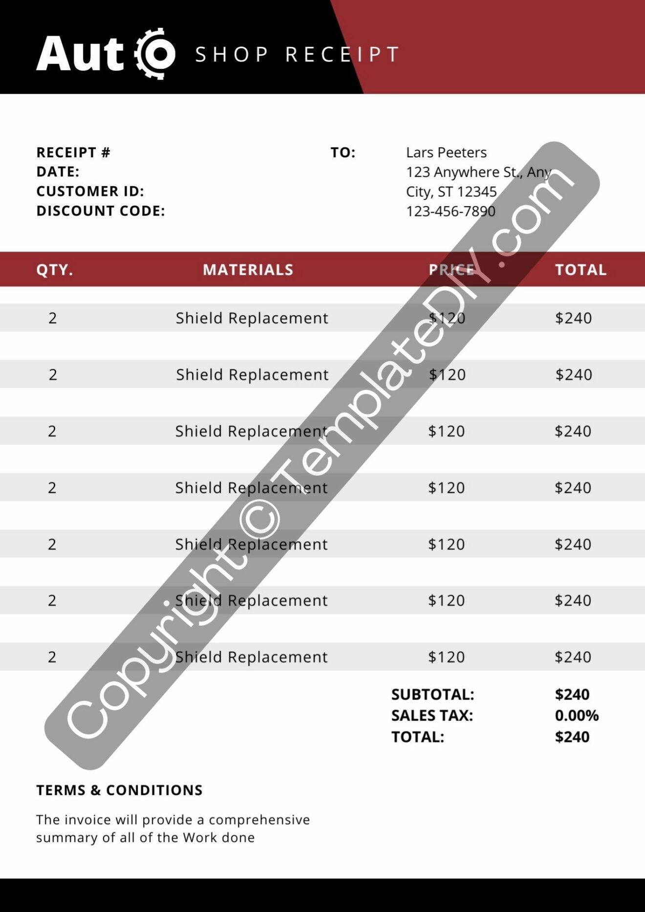 Auto Shop Receipt Template Blank Printable PDF, Excel, Word