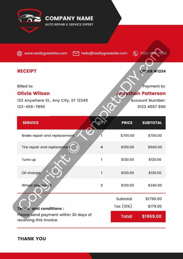 Auto Shop Receipt Template Blank Printable PDF, Excel, Word