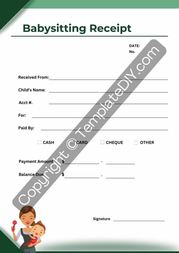 Babysitter Receipt Template Printable PDF, Excel, Word