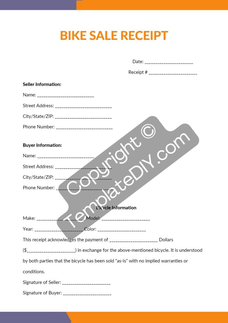 Bike Sale Receipt Template Printable PDF, Word, Excel