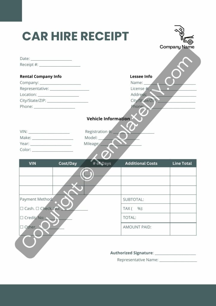 Car Hire Receipt Template Blank Printable PDF, Excel, Word
